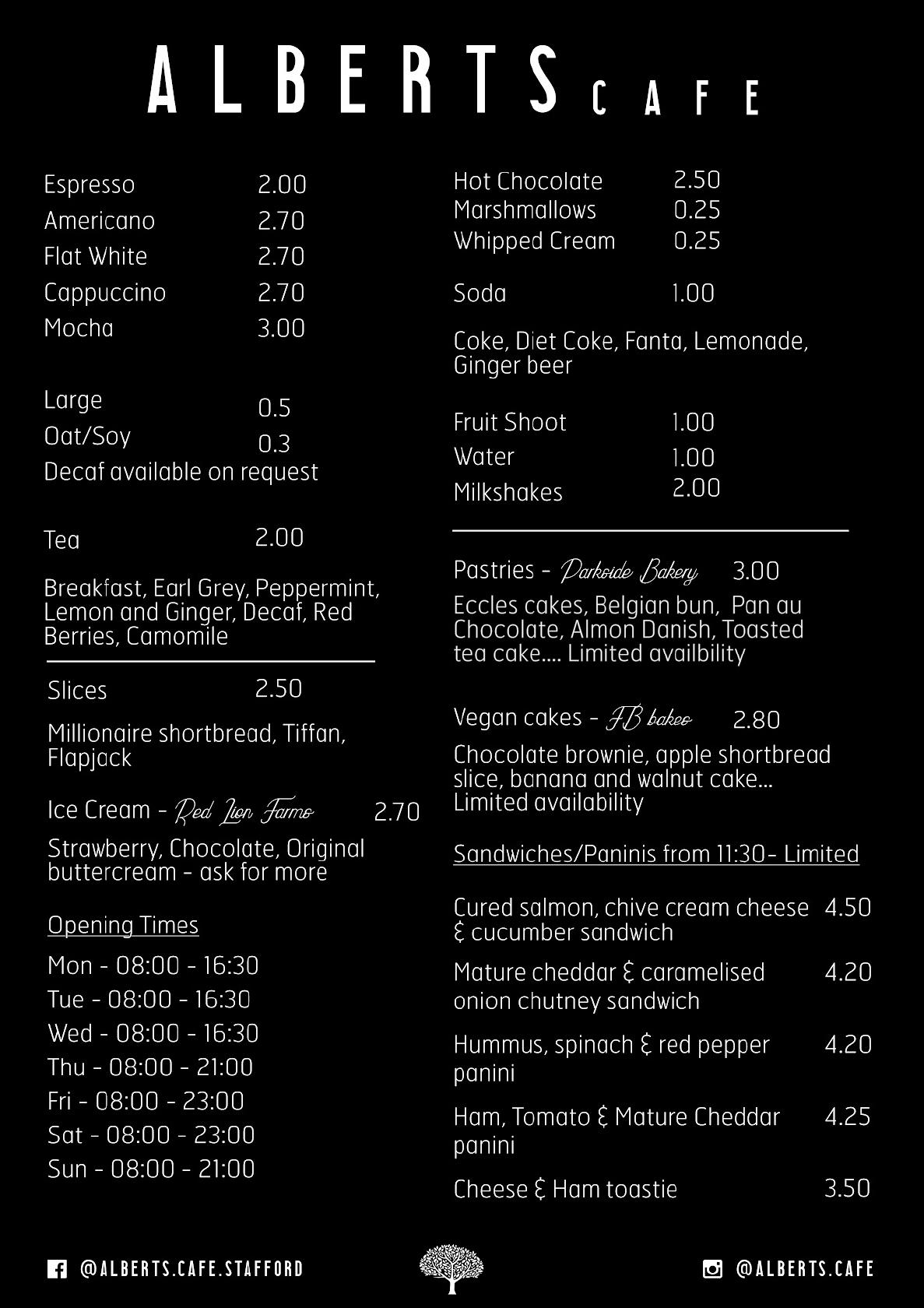 Menu at Alberts Cafe, Stafford