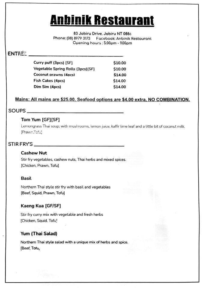 Menu at Anbinik Restaurant, Jabiru