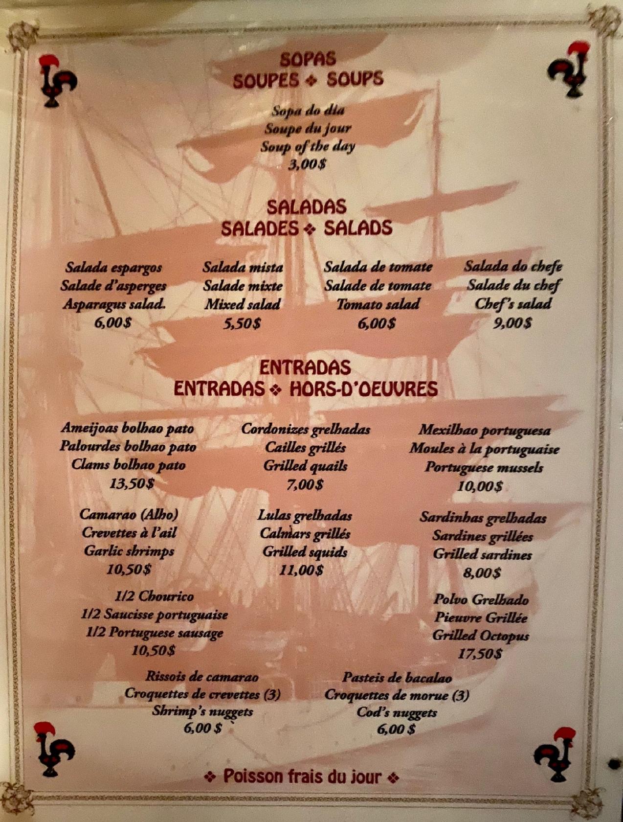 Menu at Chez Doval restaurant, Montréal