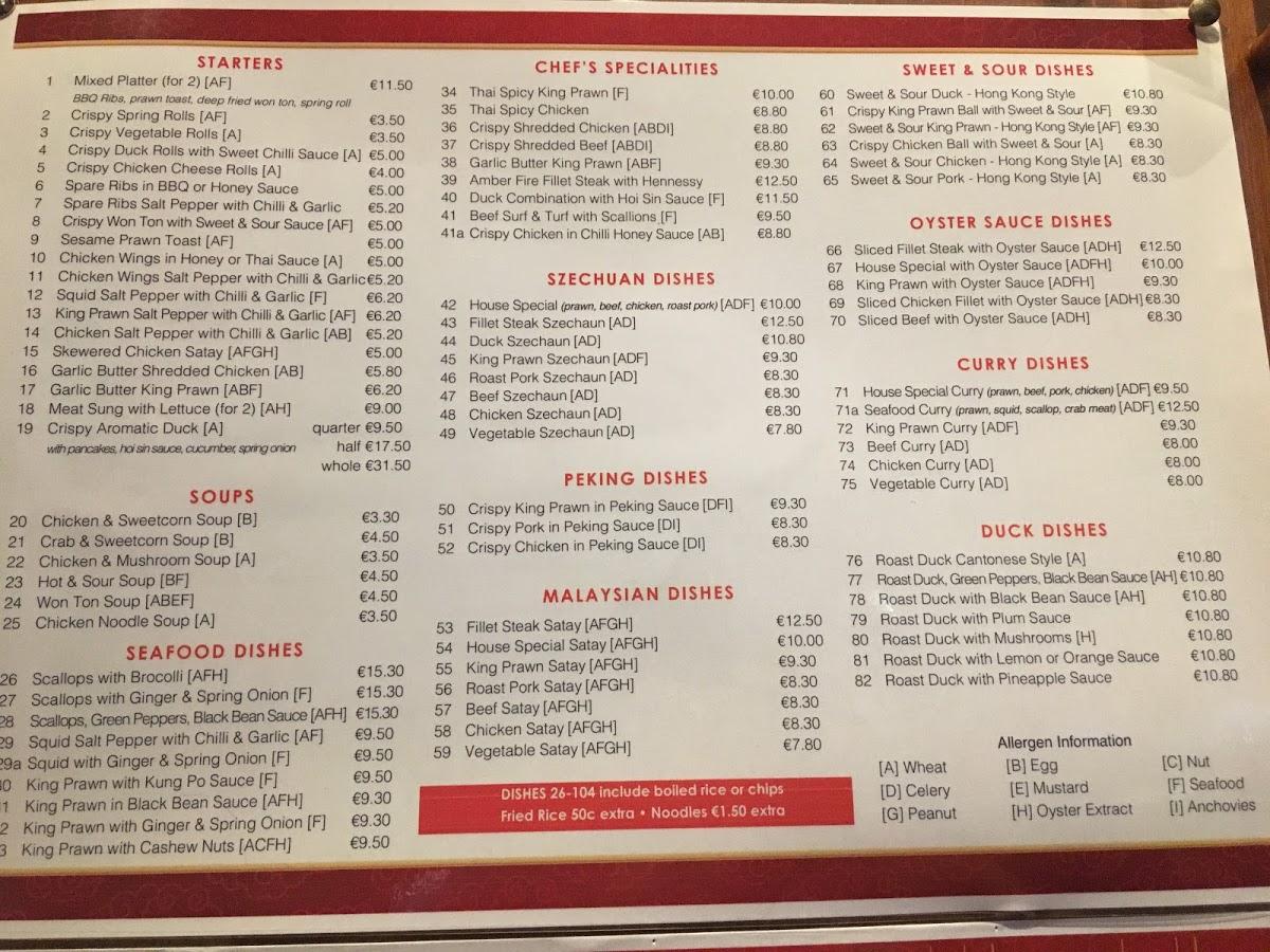 Menu at Chinfong Chinese Restaurant, Cahersiveen