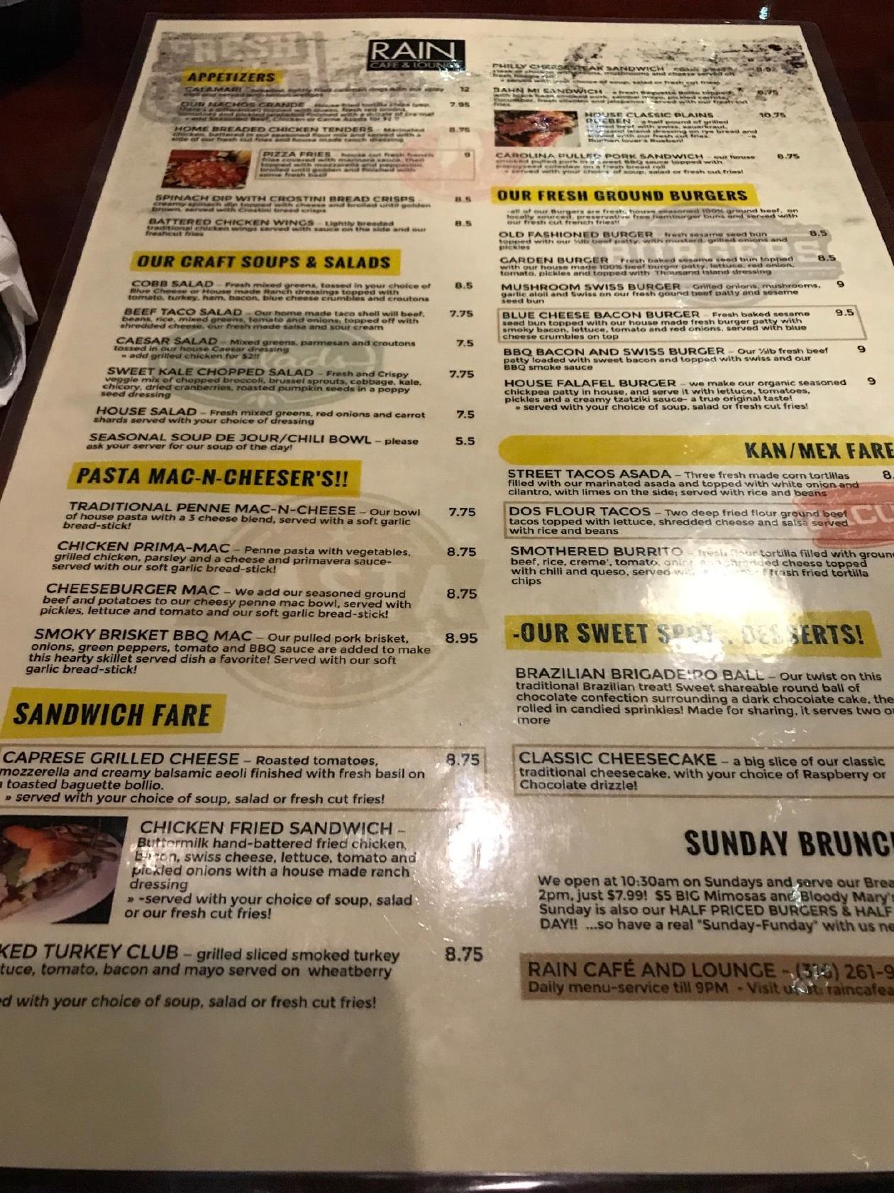 Menu at Club Rain, Wichita