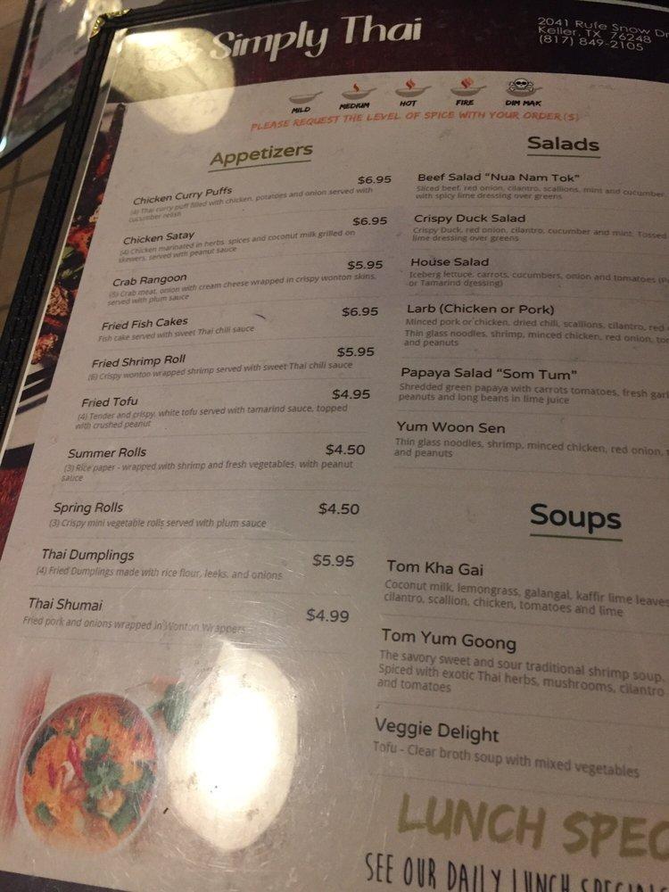 Menu at Simply Thai restaurant, Keller