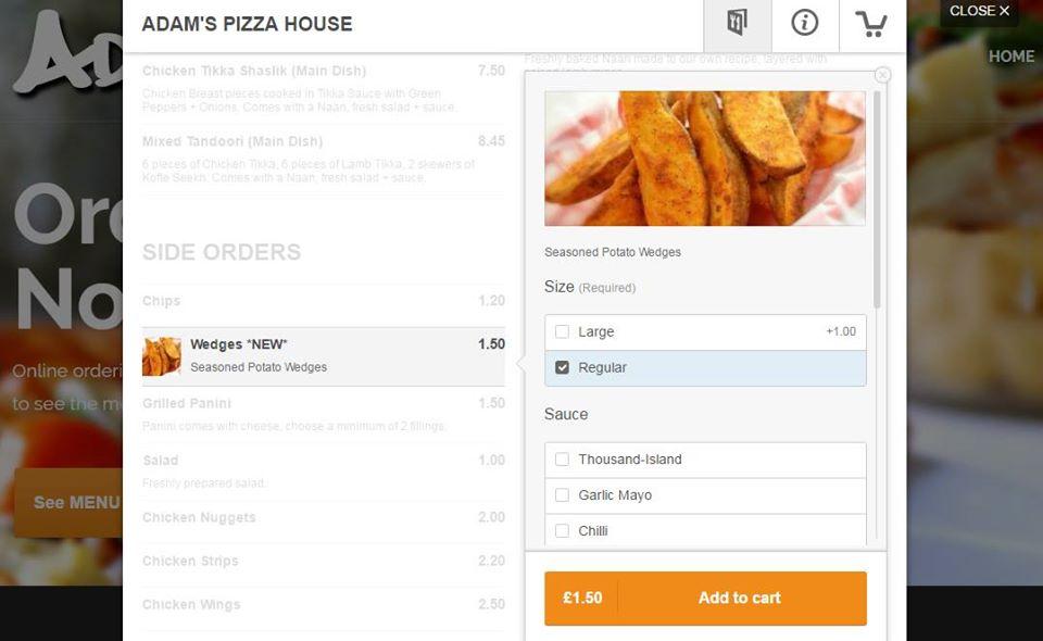 Menu at Adam’s Pizza House pizzeria, Blackpool