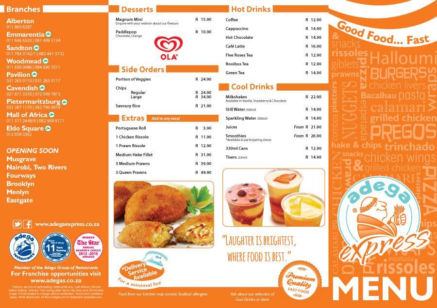 Menu au Adega restaurant, Midrand, Magwa Cres