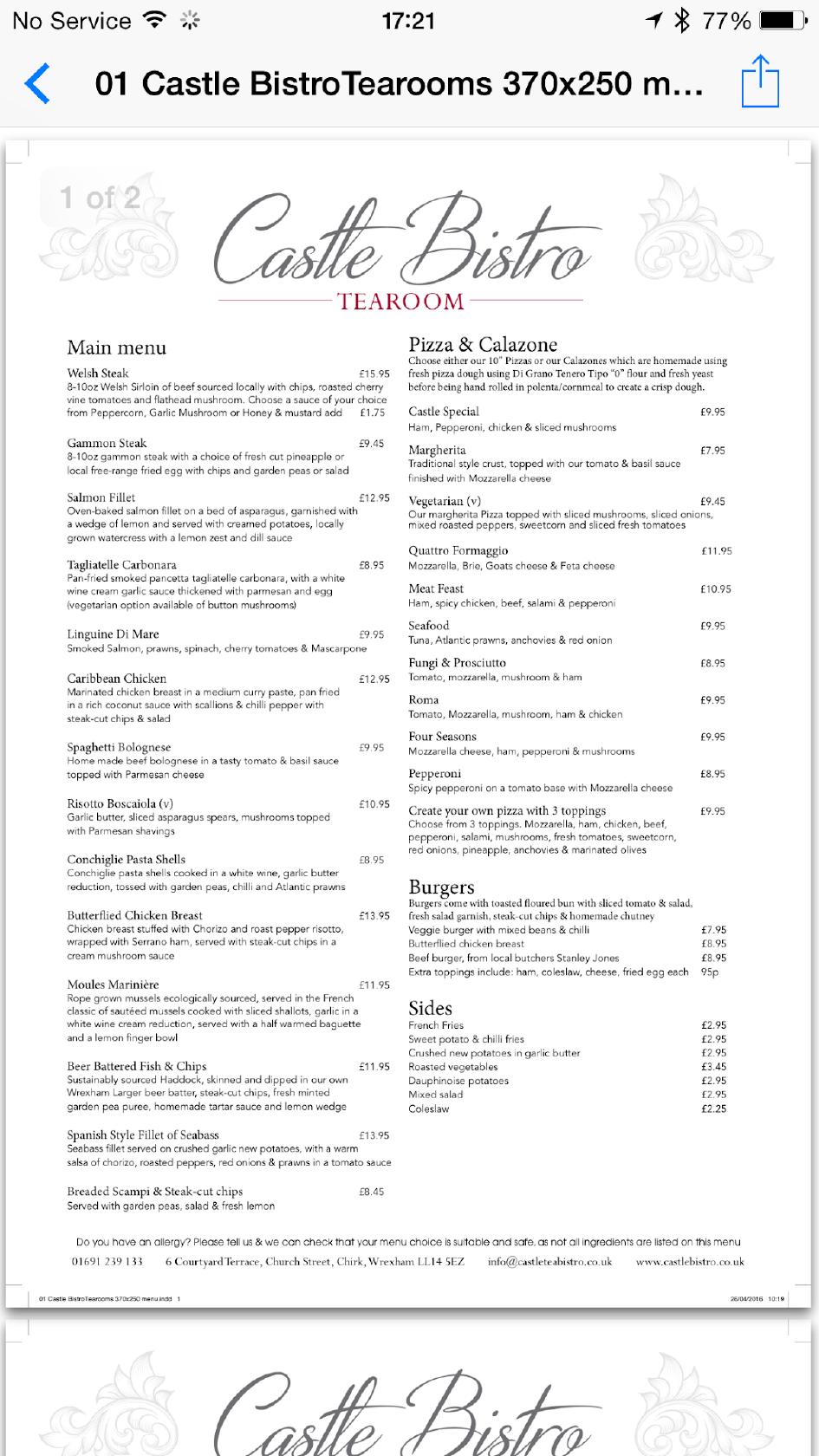 Menu at Castle Bistro, Tearoom & Wine Bar, Chirk
