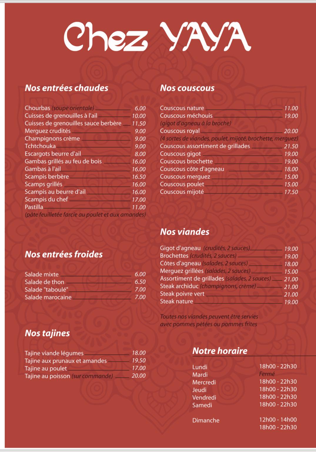 Menu au Chez Yaya rue roture, Liège, Rue Roture 27