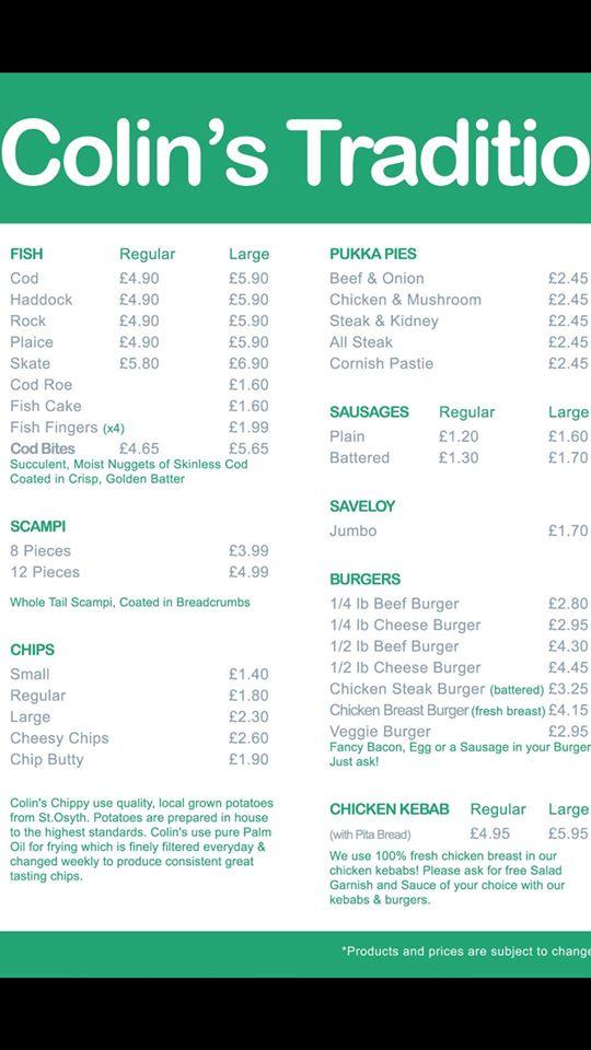 Menu at Fish & Chips Clacton-on-Sea - Colin's at the Lighthouse ...