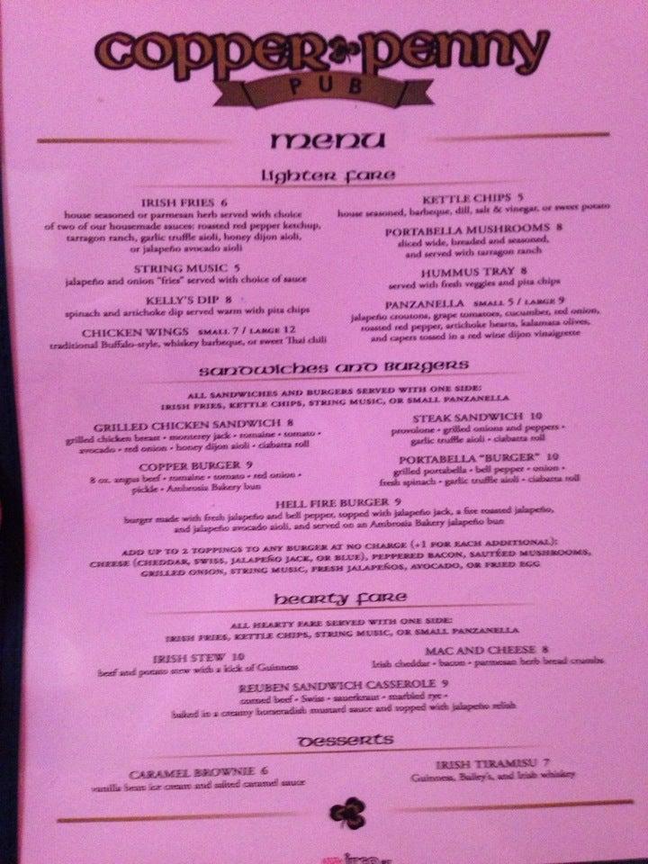 Menu at Copper Penny Pub, Hot Springs