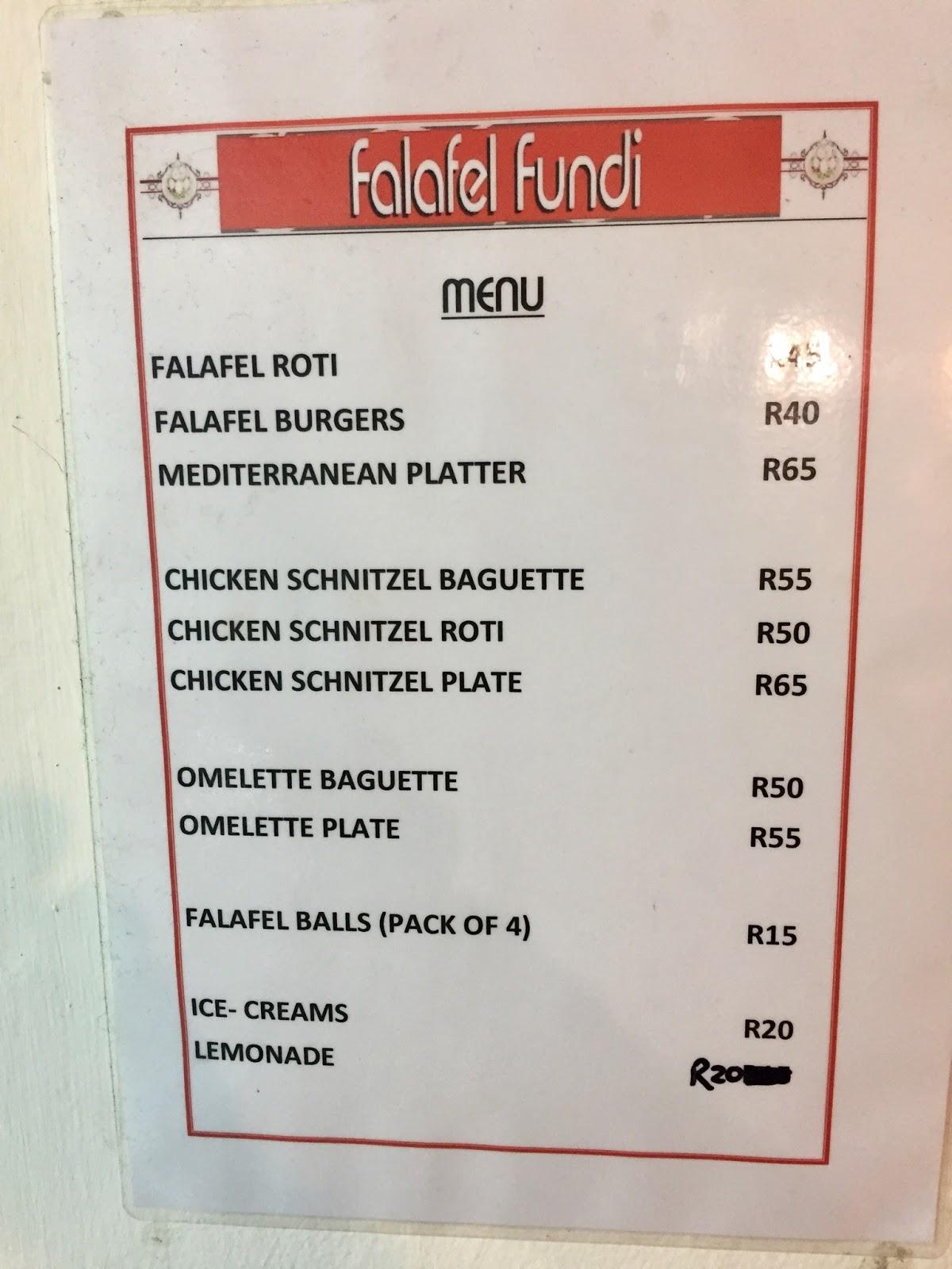 Speisekarte von Falafel Fundi restaurant, Durban, 1 Ncondo Pl
