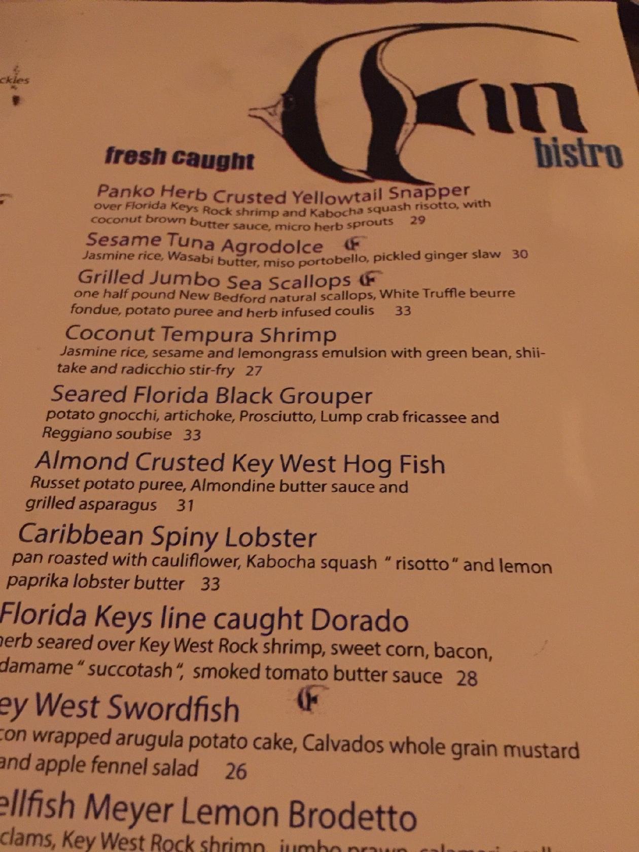 Menu at Fin Bistro restaurant, Marco Island, 657 S Collier Blvd