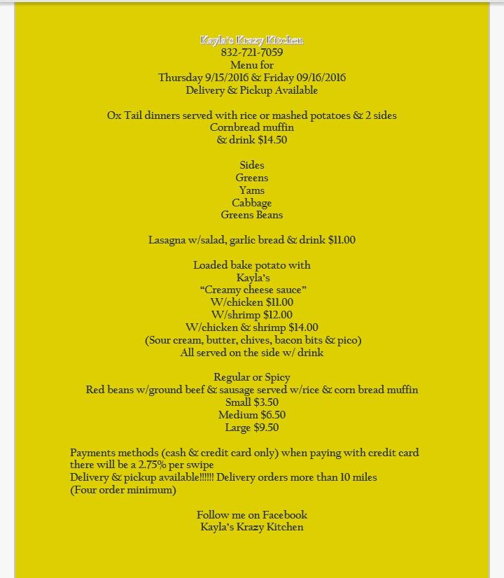 Menu at Kayla's Krazy Kitchen restaurant, Houston