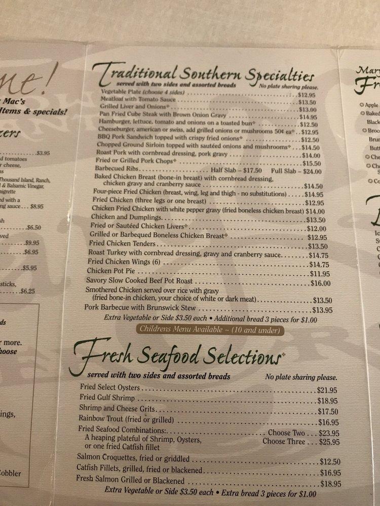 Menu at Mary Mac's Tea Room pub & bar, Atlanta