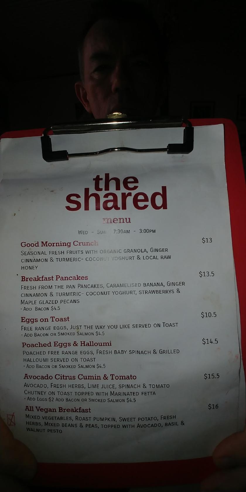 Menu at The Shared cafe, Yandina