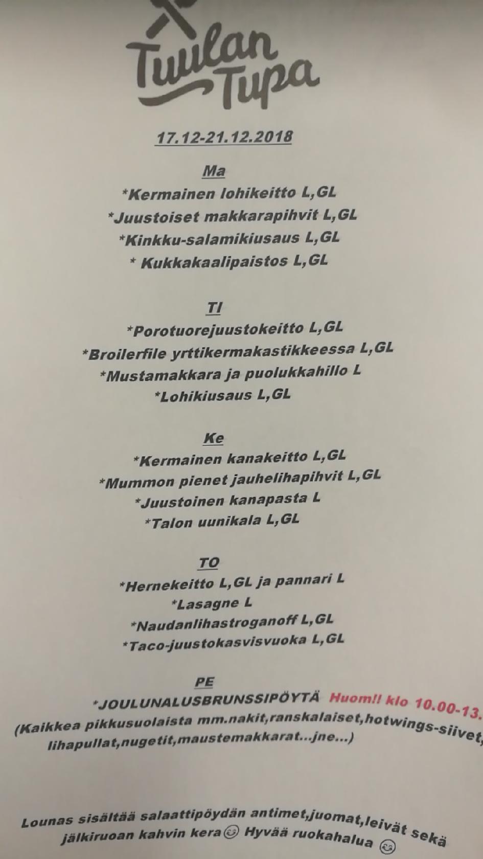 Menu at Tuulantupa restaurant, Finland