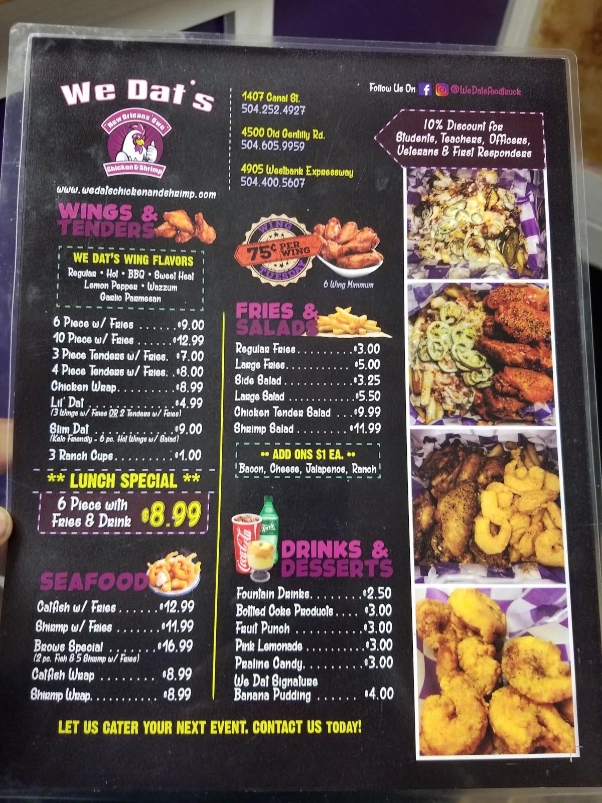 Menu at We Dat's restaurant, New Orleans, Canal St