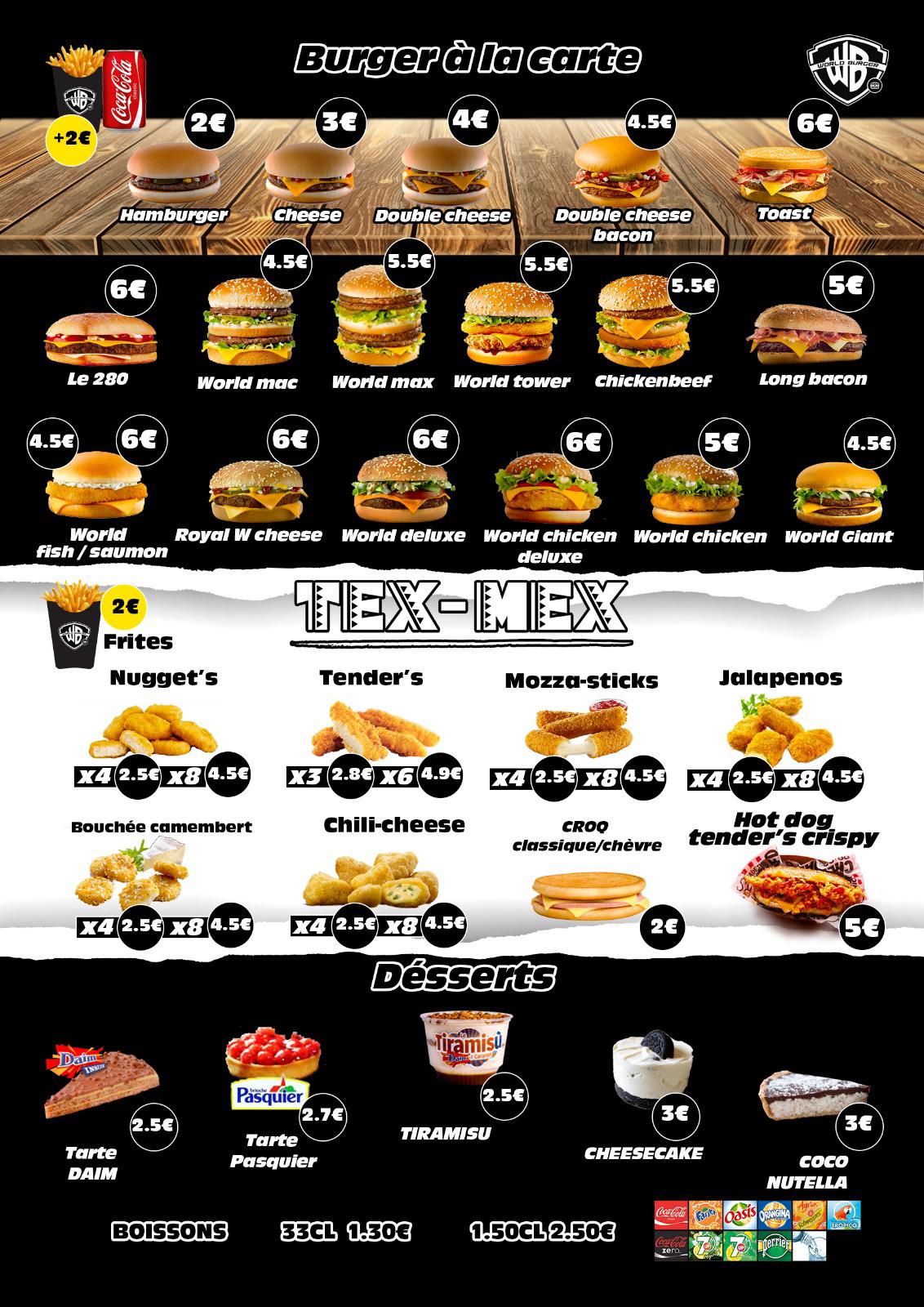 Menu at World Burger restaurant, Épinay-sur-Seine