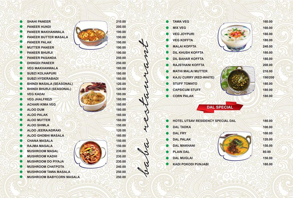 Menu at Baba Food Corner, Varanasi, 72H3+R5W