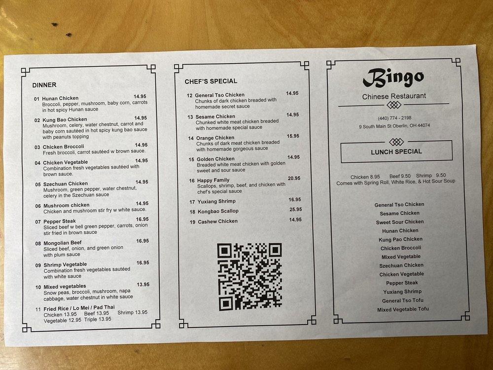 Menu at Bingo Chinese Restaurant, Oberlin