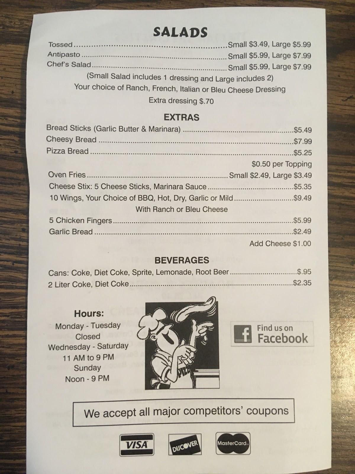 Menu at Buzzy's NYPD pizzeria, Greendale