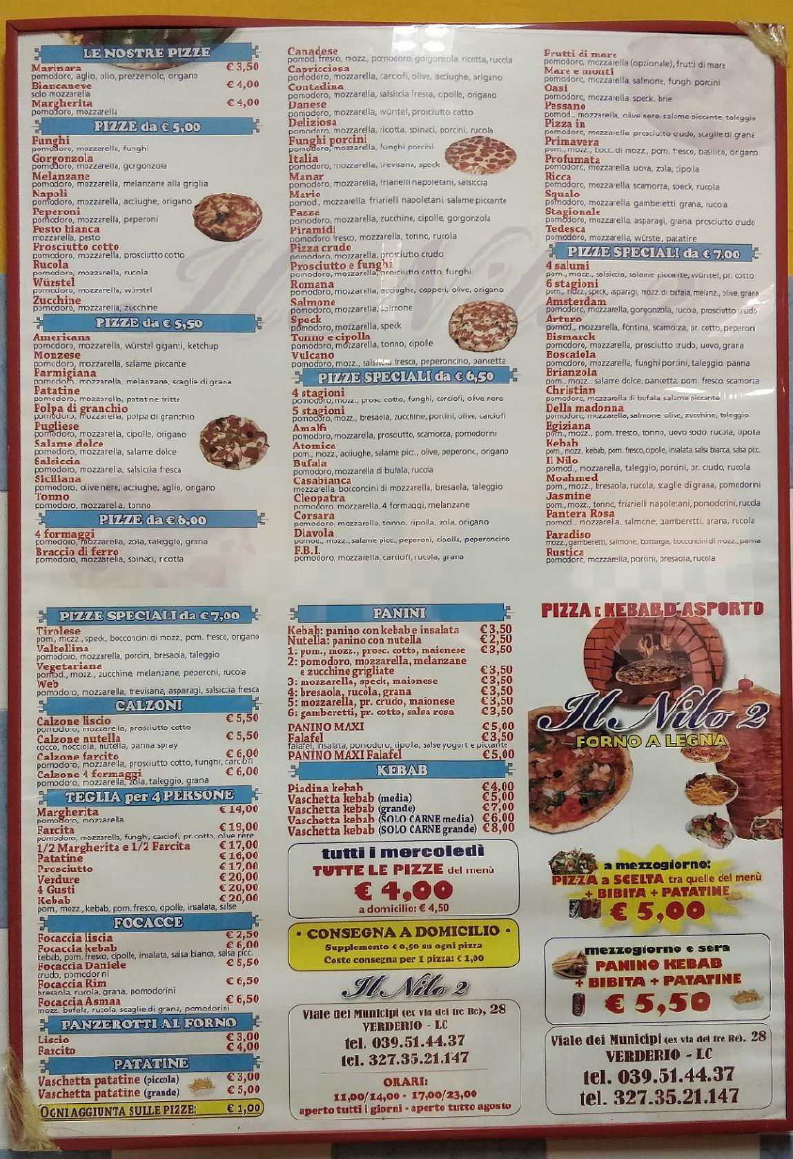Menu da Pizzeria Nilo Di Abdelaziz Mousad Salah, Verderio Inferiore