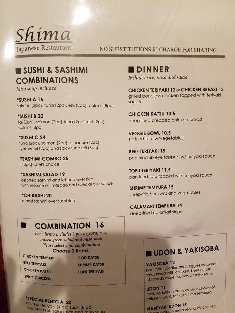 Menu at Shima Japanese Restaurant, Stanwood
