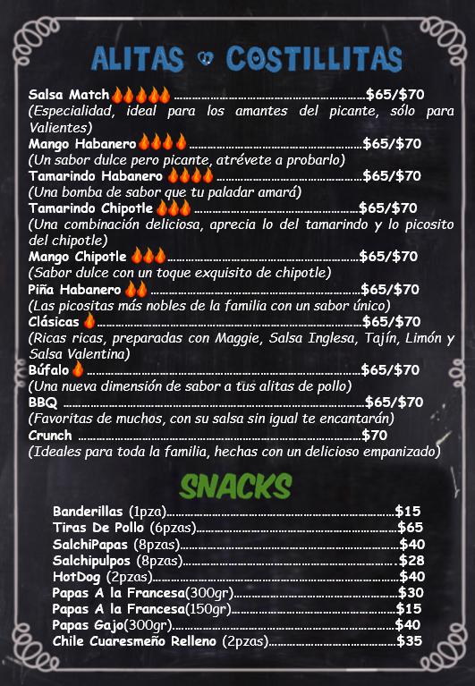 Menu at ALITAS MATCH restaurant, Mexico