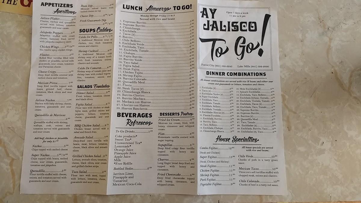 Menu at Ay Jalisco restaurant, Forest City