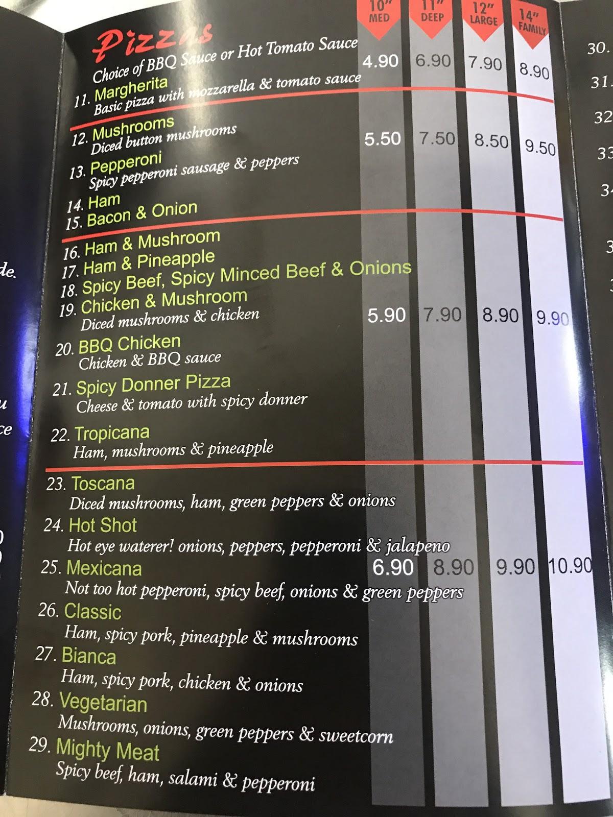 Menu at Benitos fast food, Sheffield