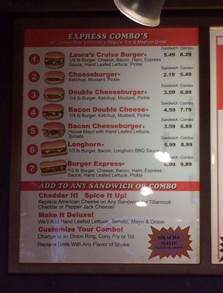 Menu at Burger Express fast food, Sandpoint, U.S. Rte 2