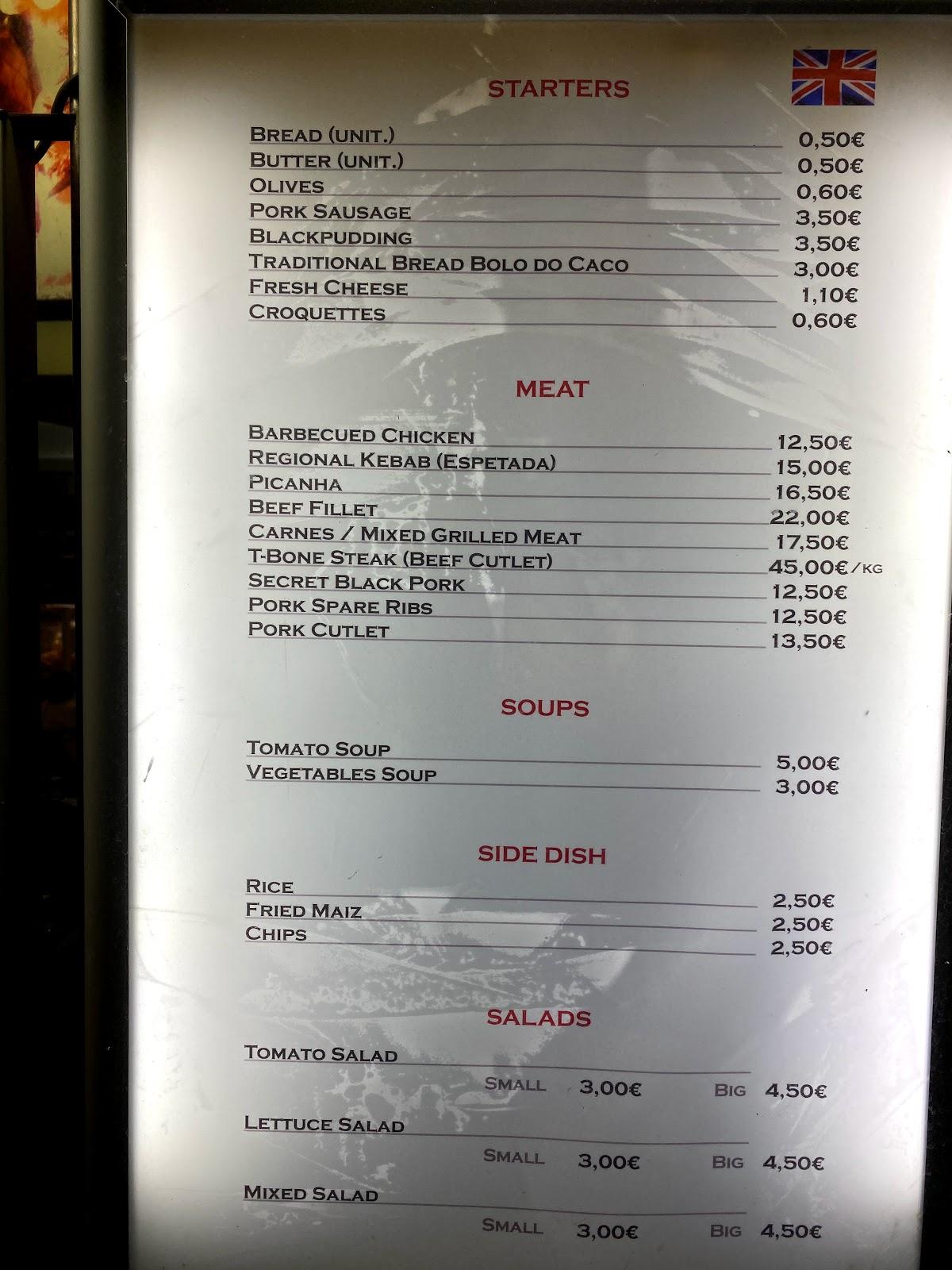 Menu at Frango da Guia Madeira restaurant, Funchal