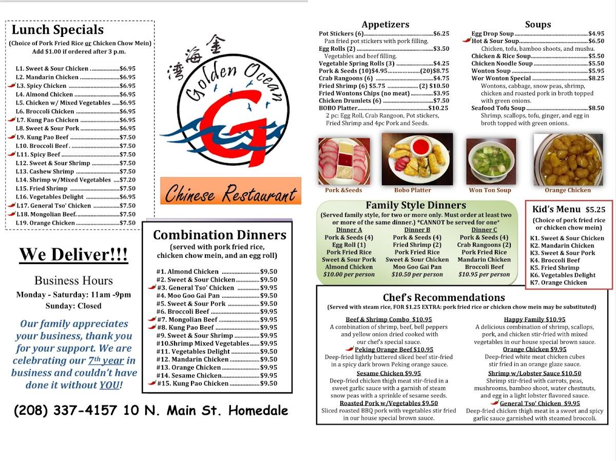 Menu at Golden Ocean Chinese Restaurant, Homedale