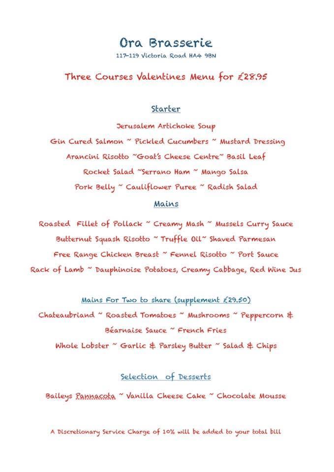Menu at Ora Brasserie restaurant, Ruislip, 117-119 Victoria Rd