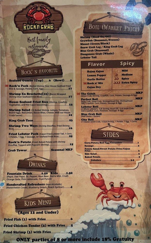 Menu at Rock'n Crab restaurant, Beaumont