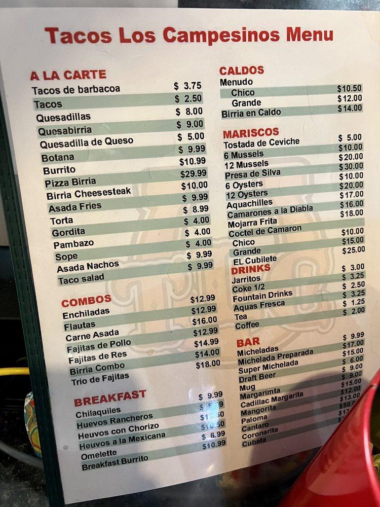 Menu at Tacos Los Campesinos restaurant, Reno