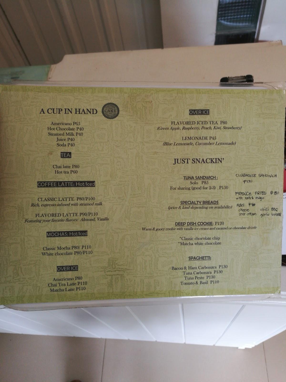 Menu at The Cake Co. cafe, Pagadian City