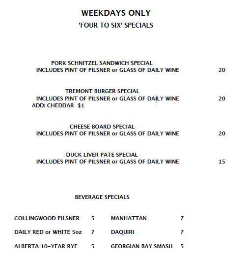 Menu at The Tremont Cafe, Collingwood