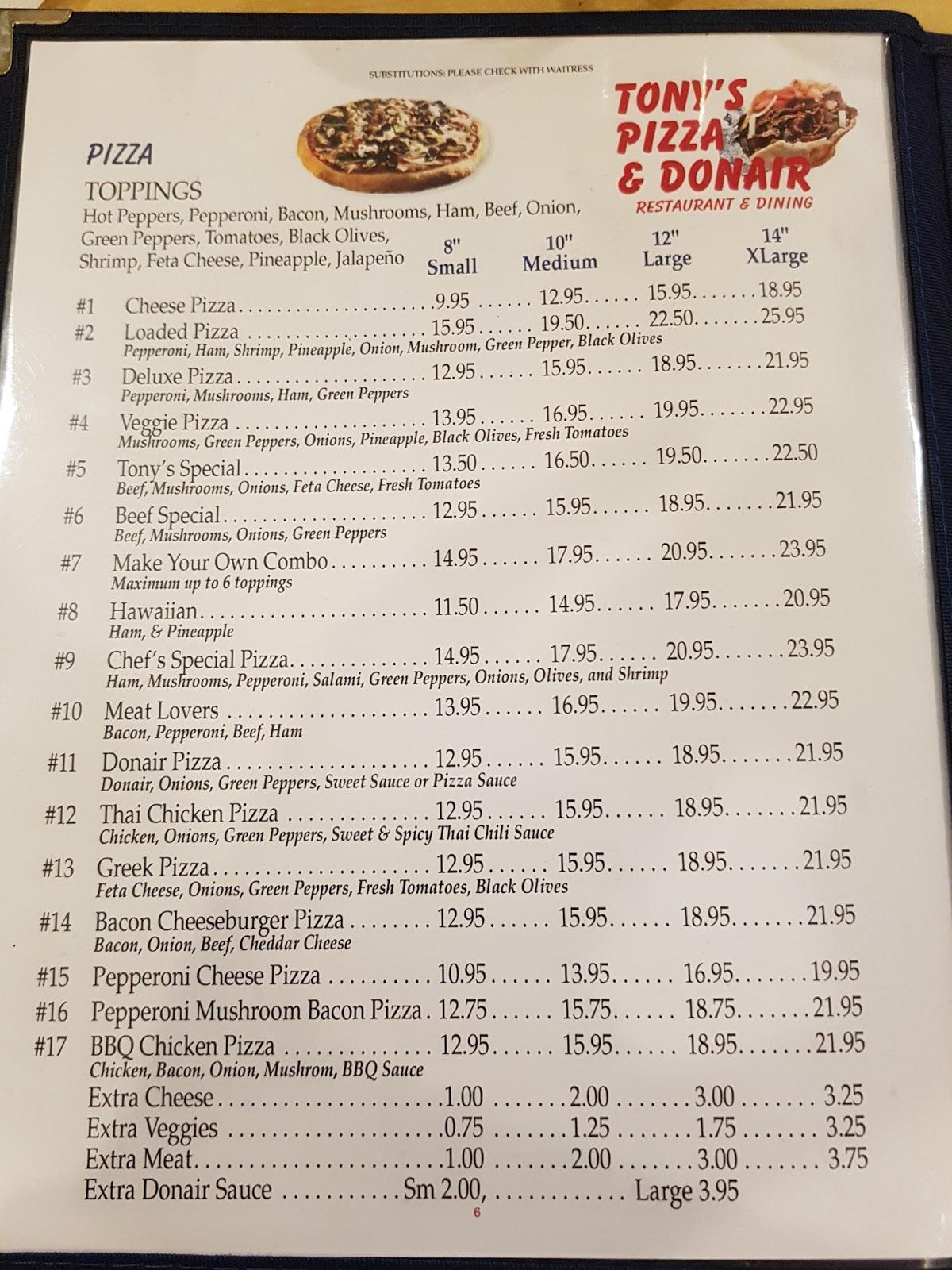 Menu at Tony's Pizza & Donair restaurant, Falher, 6 Main St NE