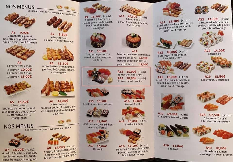 Menu at Yuriko restaurant, Nevers