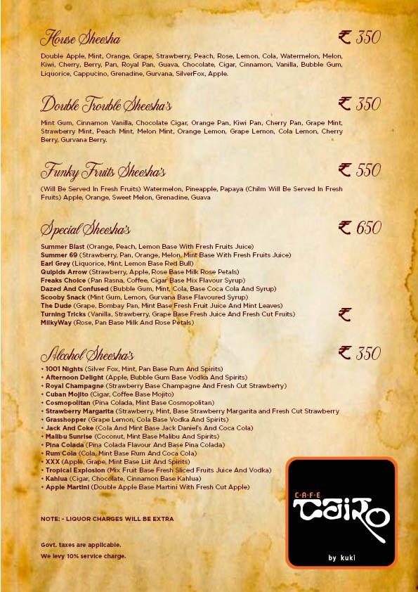 Menu at Cafe Cairo, Delhi