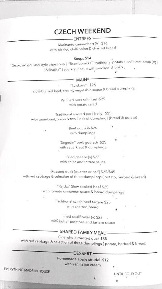 Menu at Honza's Grill restaurant, Russell Lea