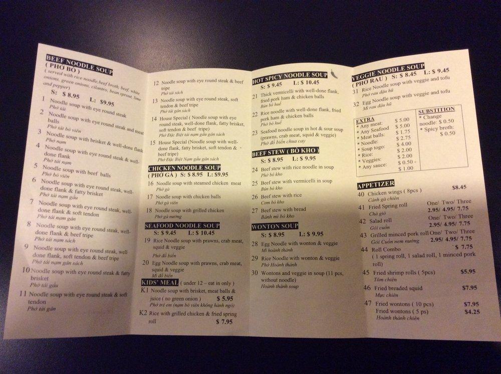 Menu at Hot Pho Restaurant, Maple Ridge