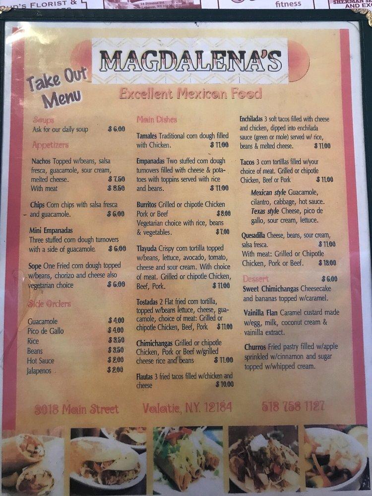 Menu at Magdalena's restaurant, Valatie