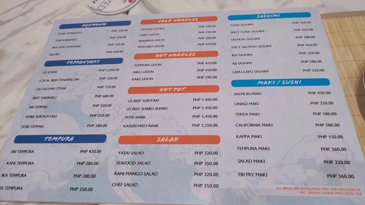 Menu at Onami restaurant, Panglao