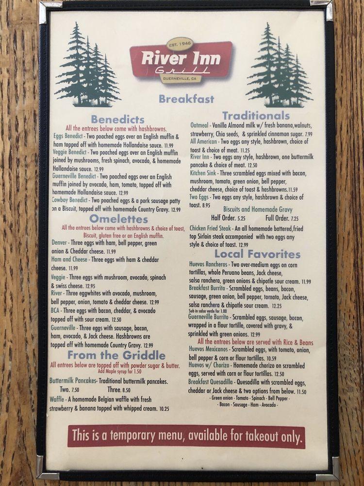 Menu at River Inn Grill restaurant, Guerneville