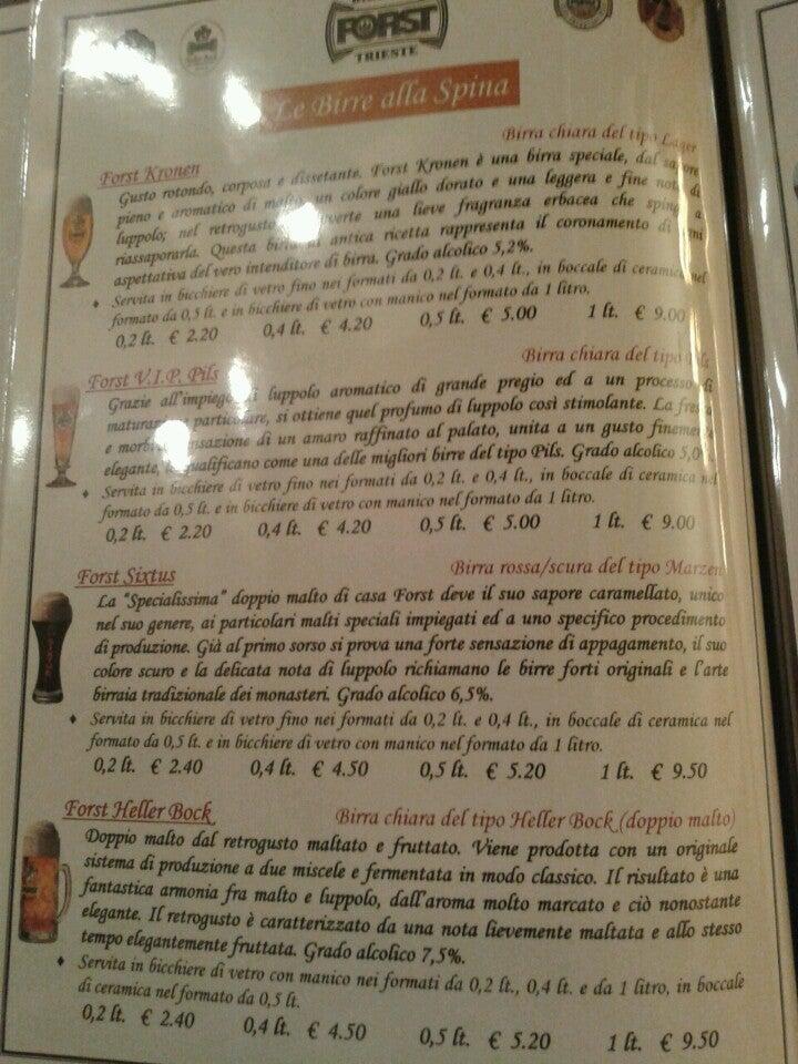 Menu da Birreria Forst ristorante, Trieste, Via Giorgio Galatti