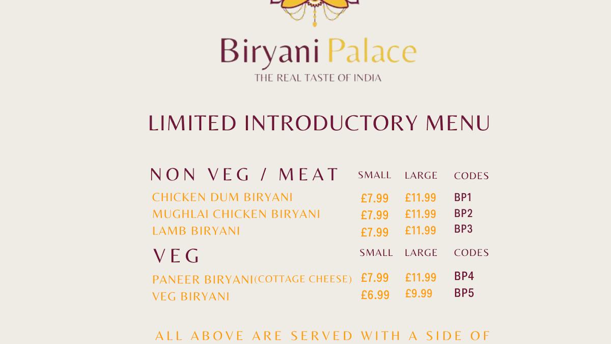 Menu at Biryani Palace, Carlisle