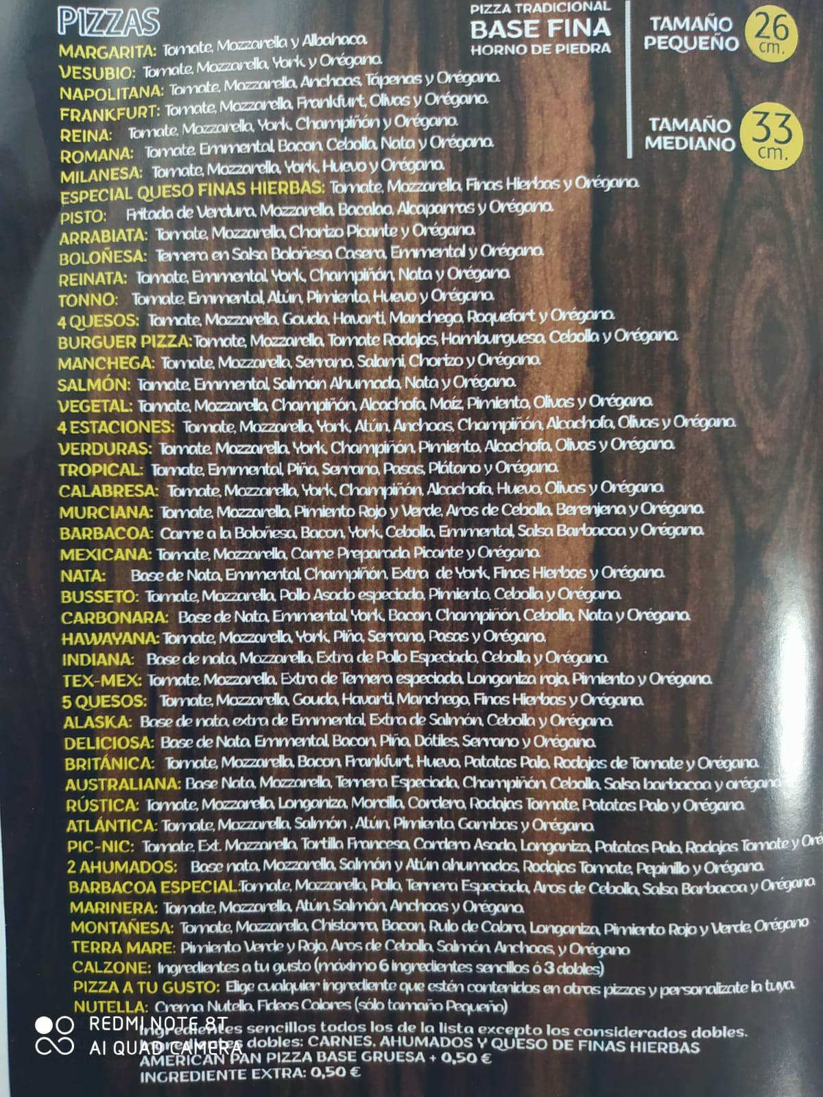 Menu at Canal Pizza restaurant, Novelda