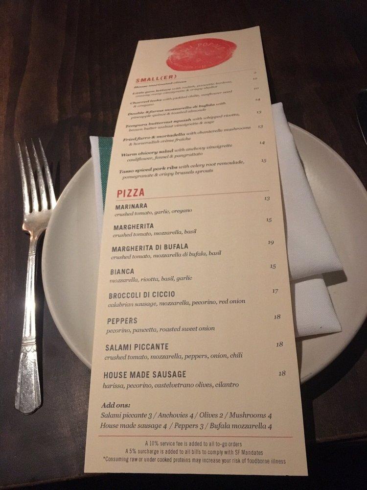 Menu at Del Popolo pizzeria, San Francisco, 855 Bush St