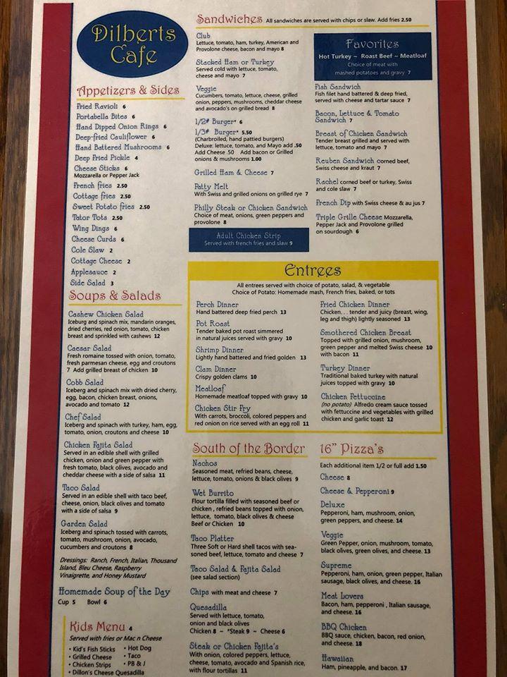 Menu at Dilbert's restaurant, Interlochen