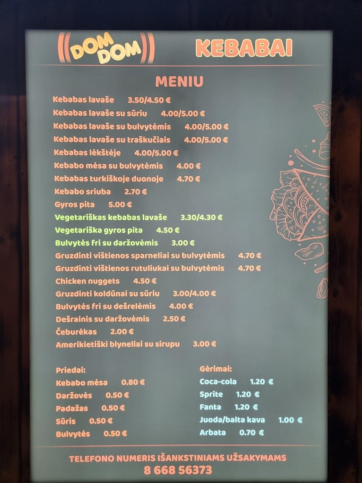 Menu at Dom Dom Kebabai fast food, Klaipėda